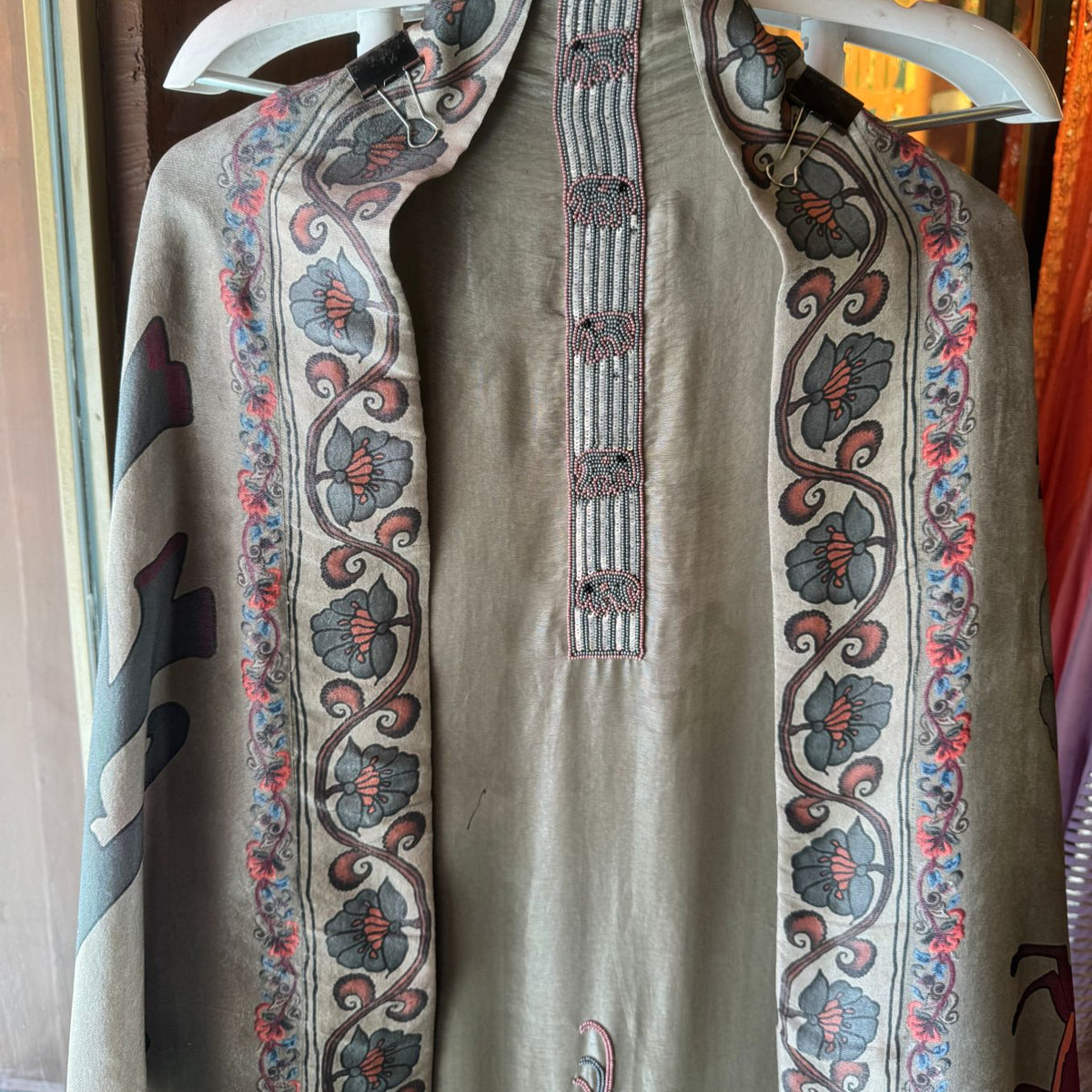 Soft tissue Unstitched Shirt With very Neat handwork done on the neck ...